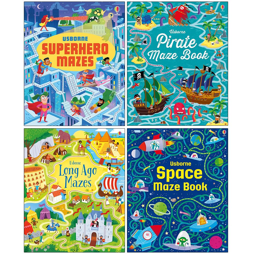 Usborne Maze Series 4 Books Collection Set (Superhero Mazes, Pirate Ma